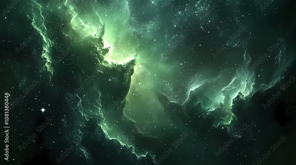 Green nebula with bright stars, deep space, glowing gas clouds ...