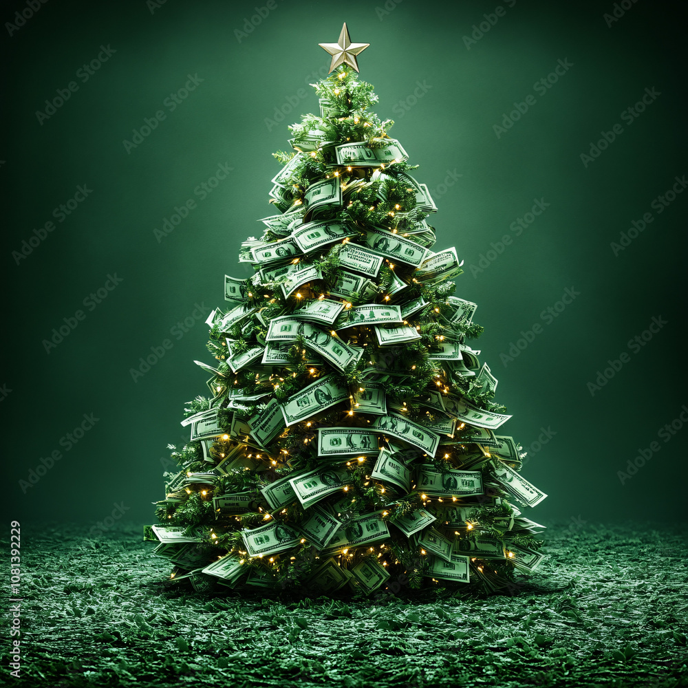 A green money tree made from dollar bills against a gradient background ...