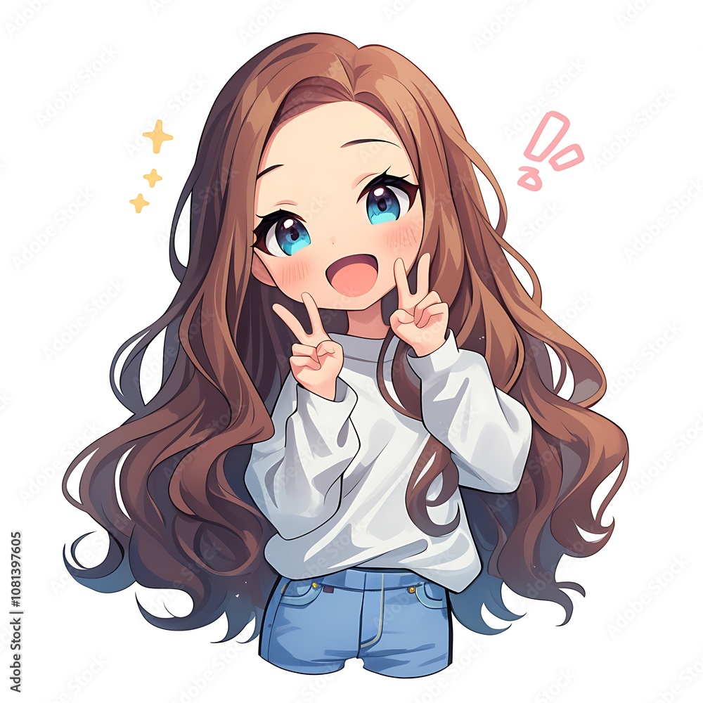 Cute anime girl with long brown hair and blue eyes making peace sign ...