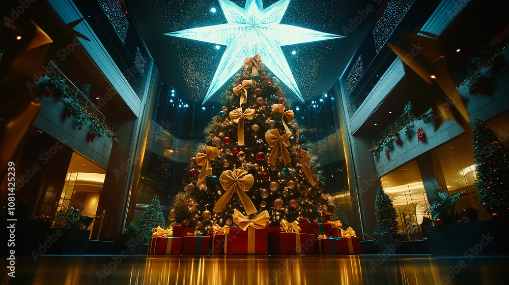 Bottom up view of an extravagant Christmas tree decorated with golden ...