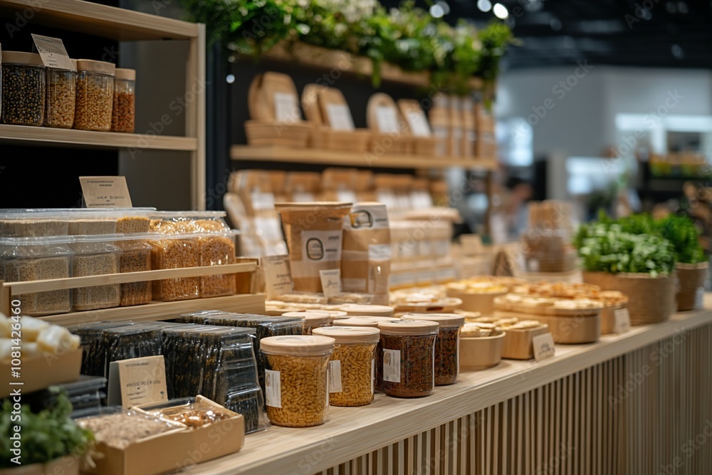 Eco-friendly packaging display featuring a variety of biodegradable and ...