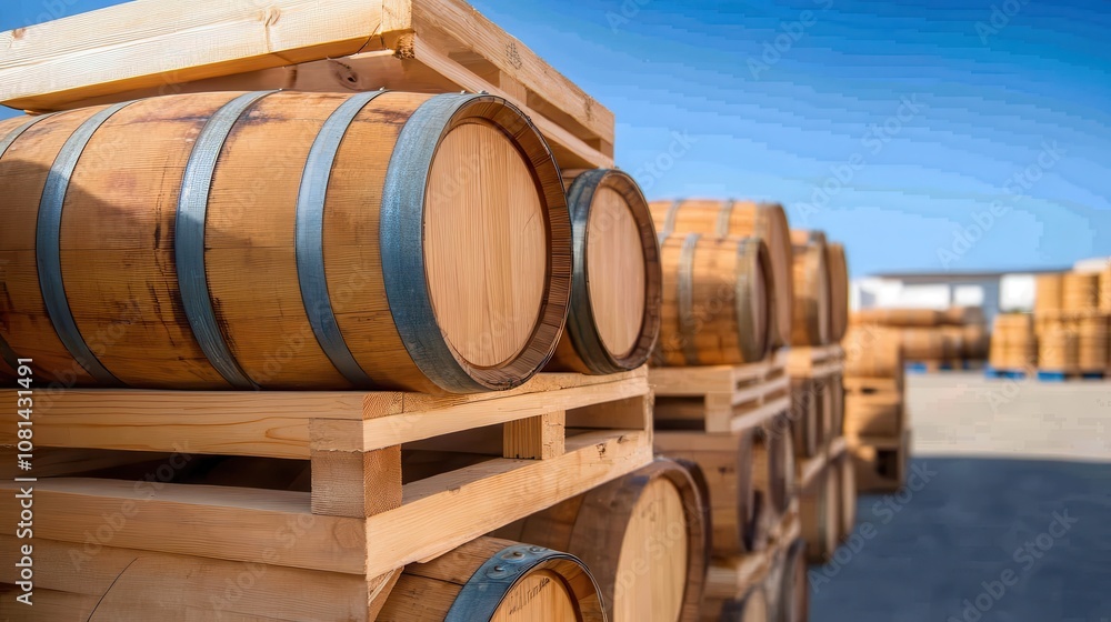 Numerous wooden barrels carefully stacked together outdoors, showcasing ...