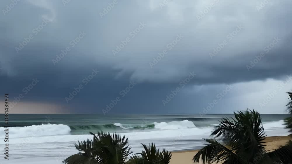 dark storm clouds loom overhead ocean churns rough waves hurricane ...