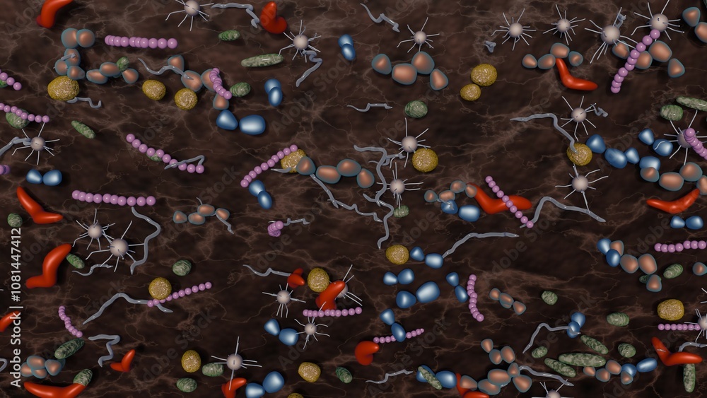 Soil microbiome. Bacteria, microbes in soil. Many micro-organisms in ...