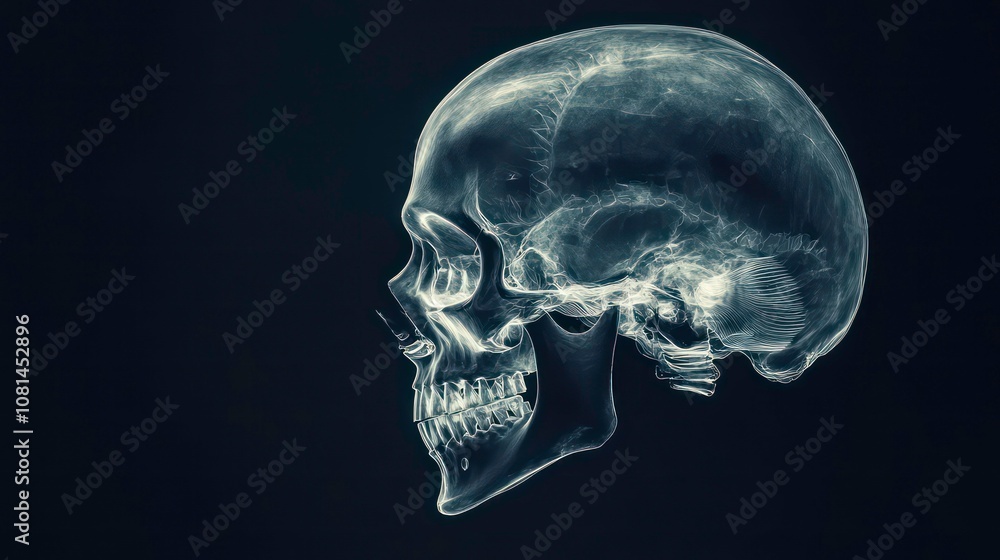 A detailed x-ray image of a human skull in profile view, with the skull ...