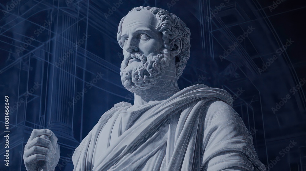 A close-up of a marble statue of an ancient Greek philosopher, with a ...