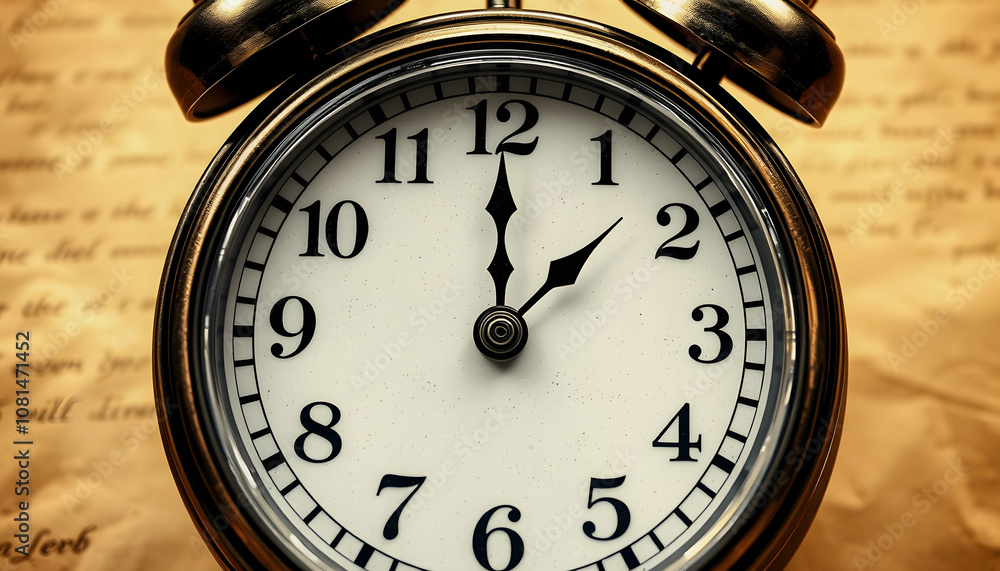 Close up old antique classic clock. Overlay effect on old paper texture ...