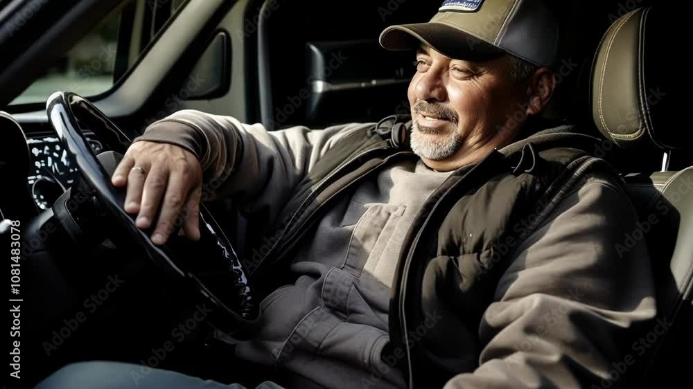 Content truck driver takes a break in his rig, smiling after a job well ...