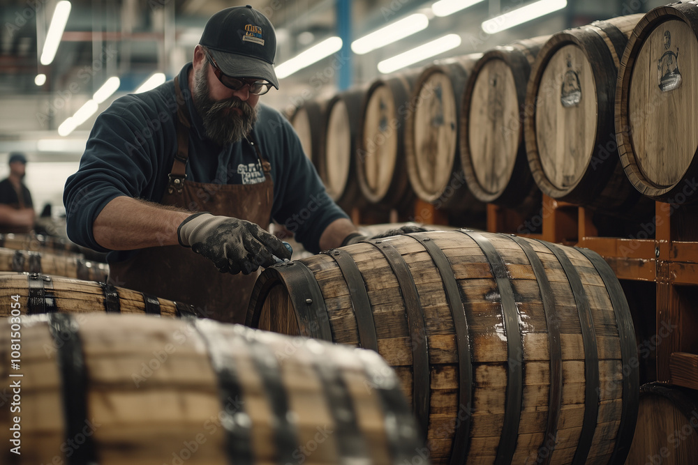Selective focus of worker with barrel making in industrial factory ...
