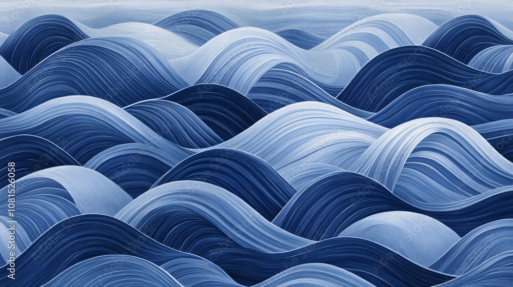 stylized sea waves in varying shades of blue create hypnotic, repeating ...