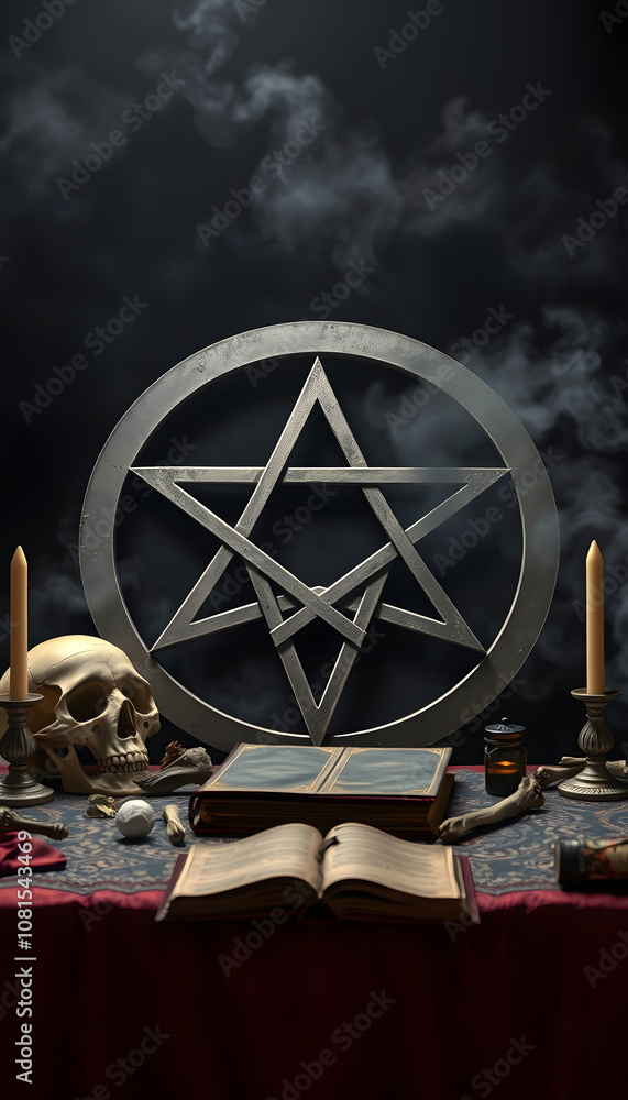 Huge pentagram symbol on the table. Mystic background with occult and ...