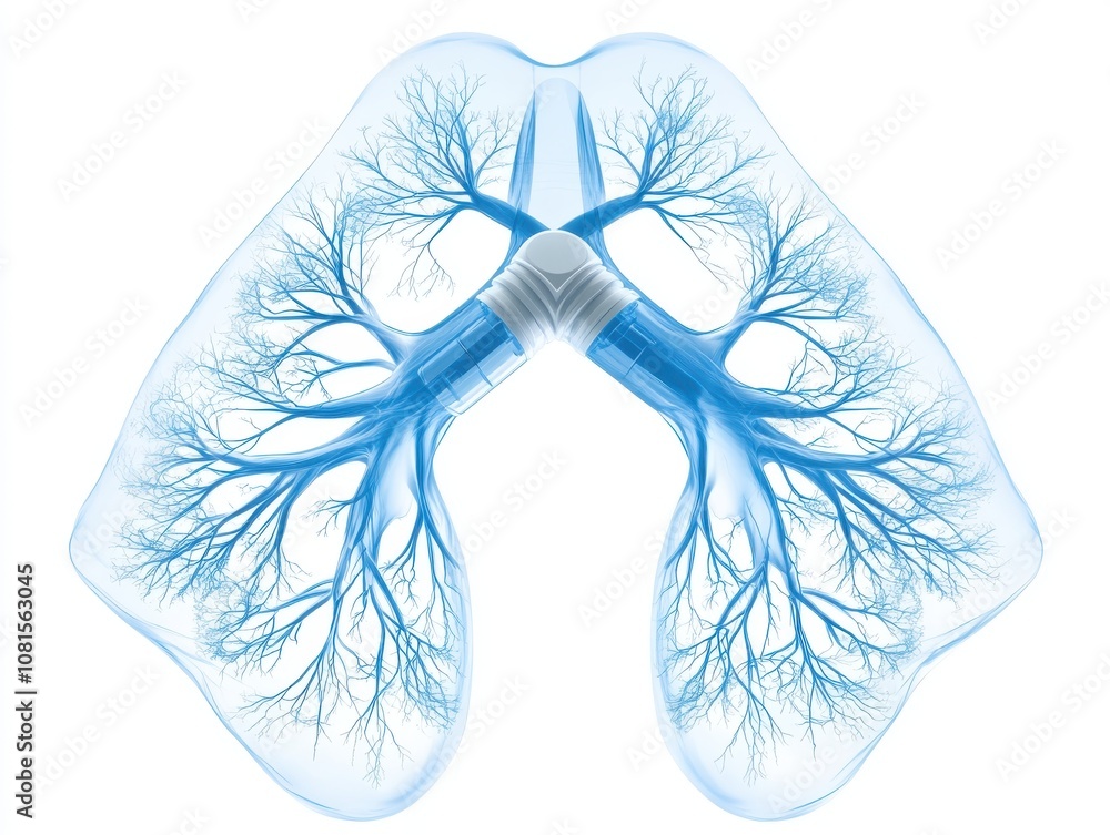 Bronchial tubes overlaid with asthma inhaler, double exposure, isolated ...