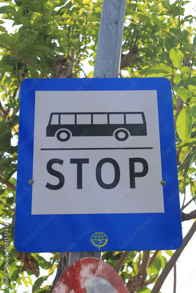 Bus Stop Sign on post pole, traffic road roadsign, blue isolated ...