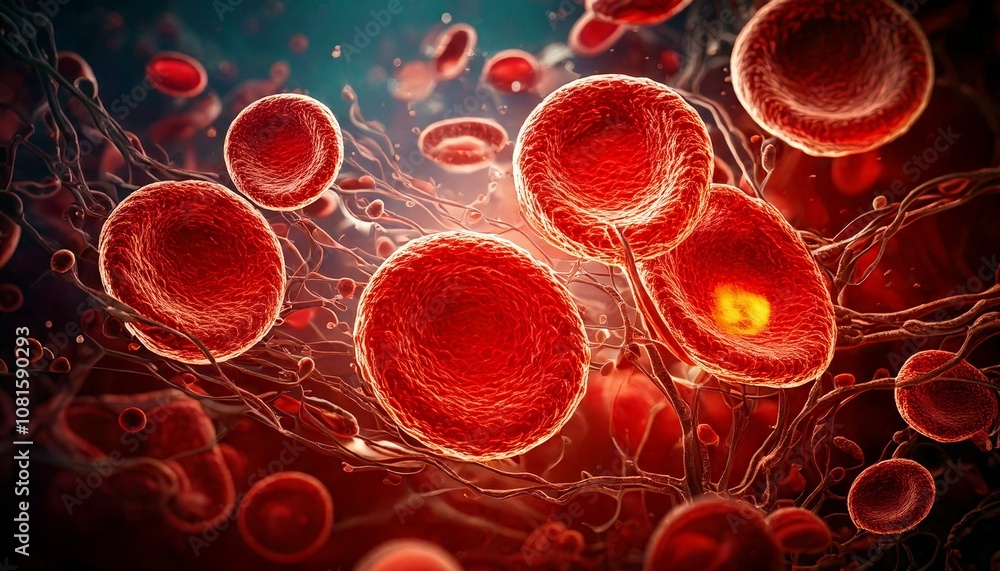 A detailed microscopic view of red blood cells and white blood cells ...