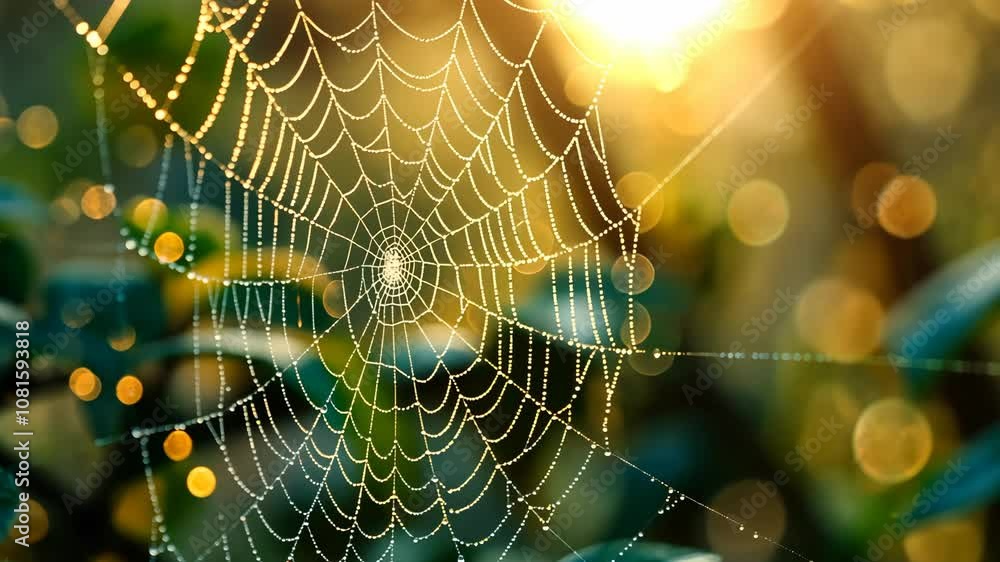 Dew on a spider web against a blurred green background with golden ...