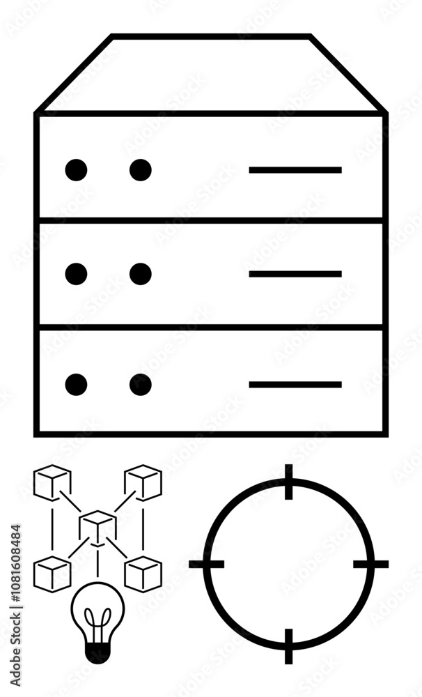 Server rack with three tiers, network of connected cubes, lightbulb ...
