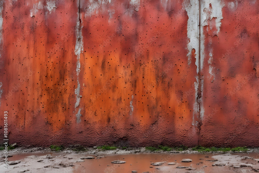 Rusty red wall with streaks of corrosion rough cement floor with ...
