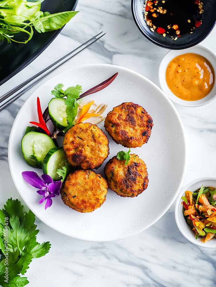 modern presentation of Thai fish cakes served with fresh vegetables ...