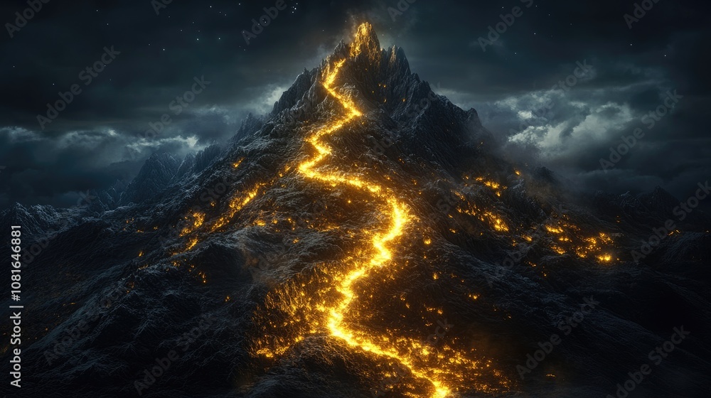 Long Winding Path to Alpine Mountain Peak Glowing with Golden Light ...