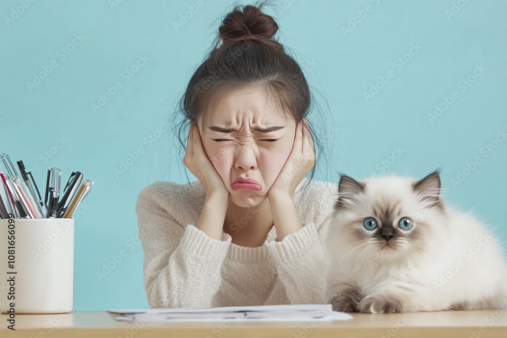 Frustrated girl with cat home office emotional portrait light blue ...