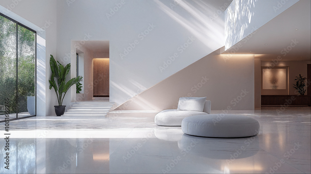 Minimalist luxury interior with dramatic sunbeam and white furniture ...