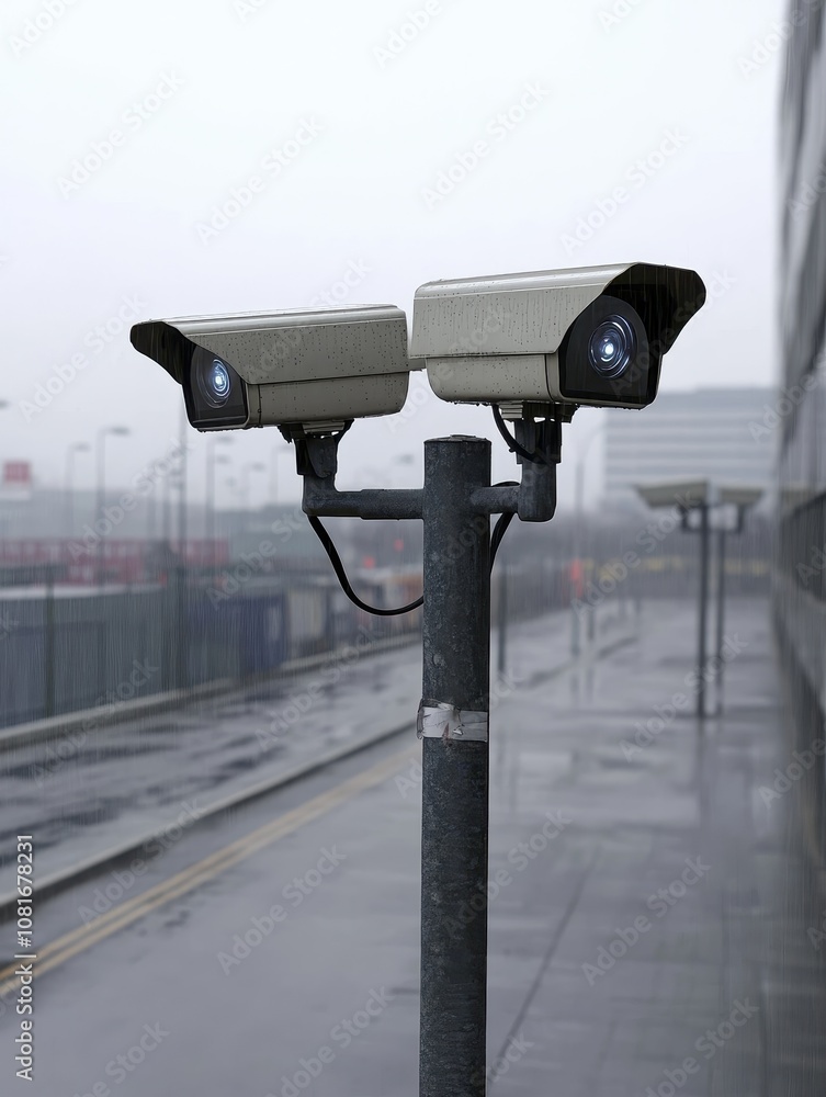 Surveillance cameras monitoring urban environment city streets security ...