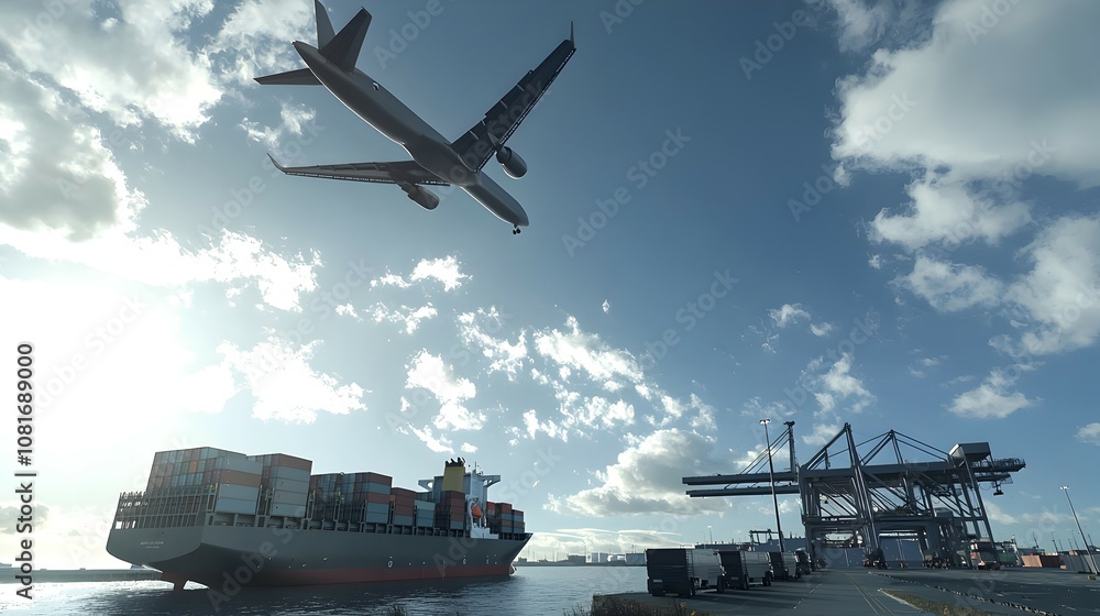 Dynamic Logistics in Action Cargo Plane Ship and Trucks at a Busy Port ...