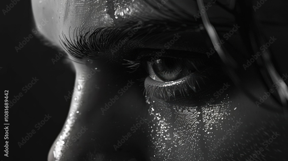 Craft a side view of a brooding protagonist with intense, haunting eyes ...