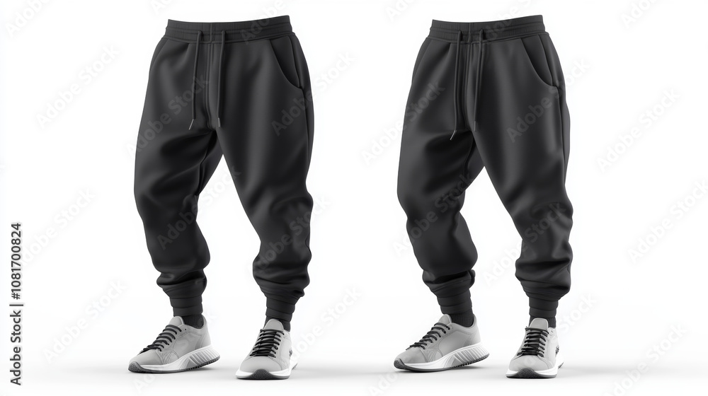 Two pairs of sweatpants, one black and one dark gray, are shown in a ...
