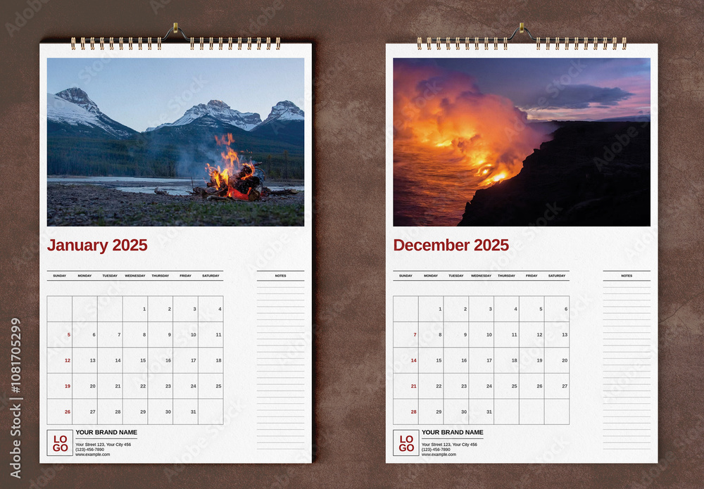 Orange Fire Lifestyle Wall Calendar 2025 Layout Stock Template | Adobe ...