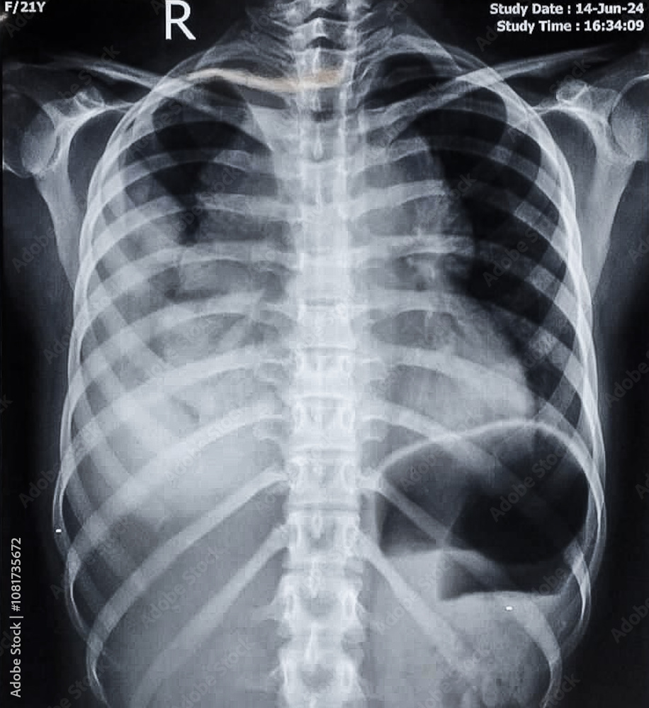 Chest Xray showing Rt sided Lamellar pleural effusion, Mediastinal ...