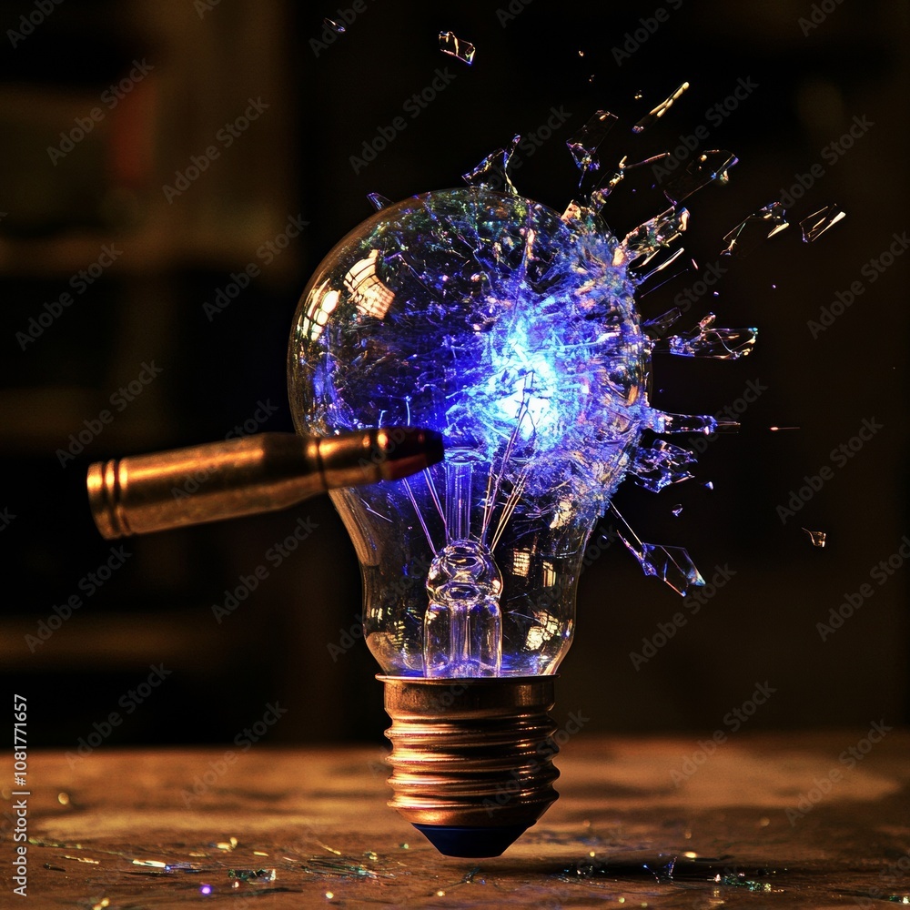 A bullet hits an old lightbulb. The glass shatters dramatically, lit ...