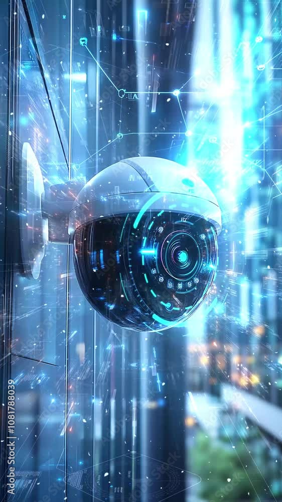 High-Tech Security Camera Monitoring Modern Urban Cityscape Background ...