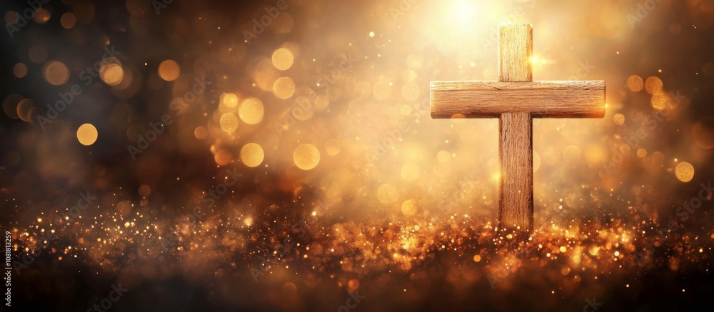 Blurred cross with space for text or design on bright background ...