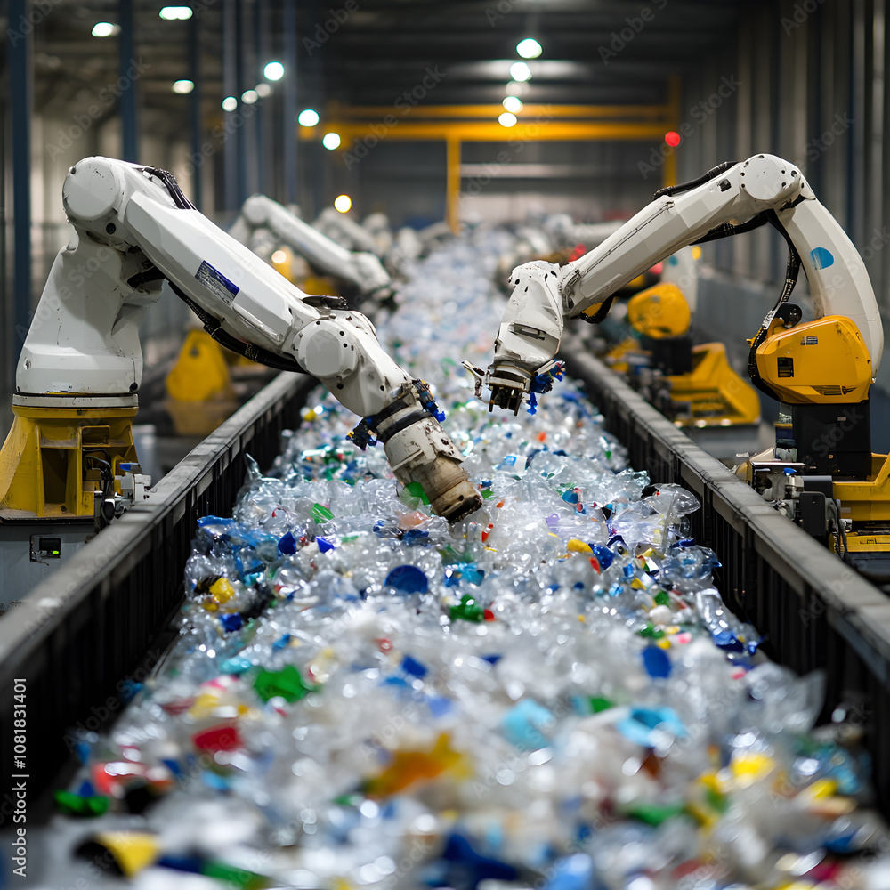 AI Robotic arms sorting plastic on a conveyor belt in a recycling ...