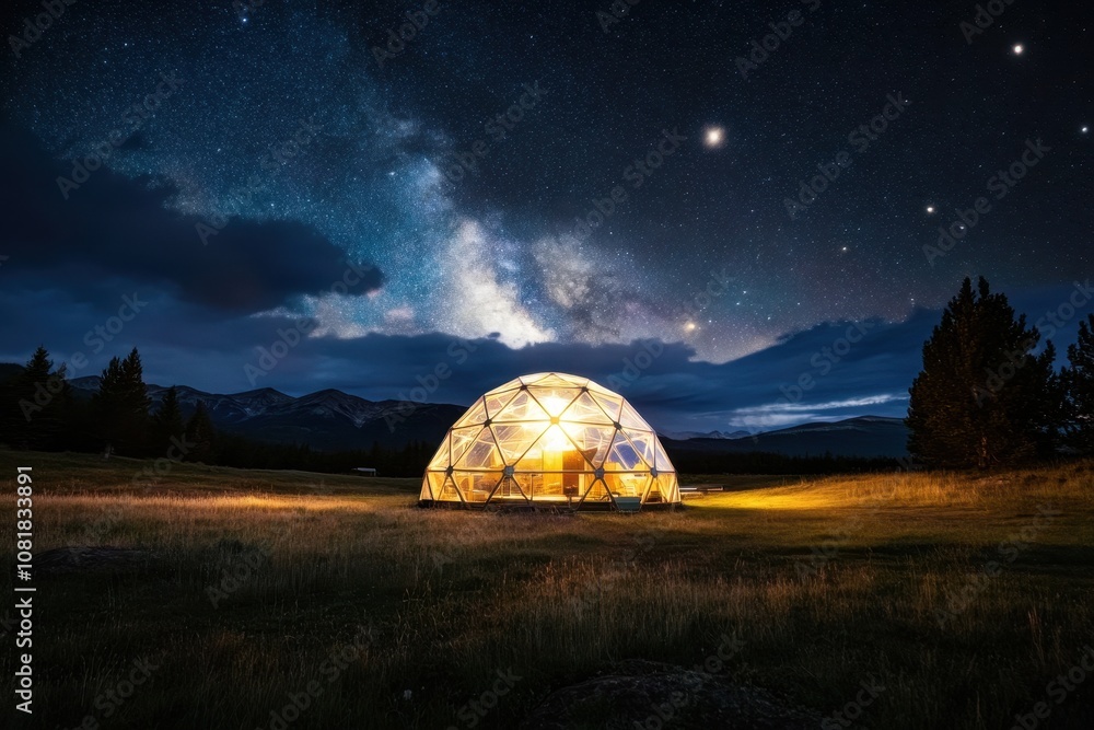 Stunning transparent geodesic observatory under a star-filled night sky ...