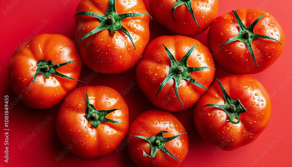 Tomatoes on Red Background: Fresh, ripe, and juicy tomatoes arranged on ...