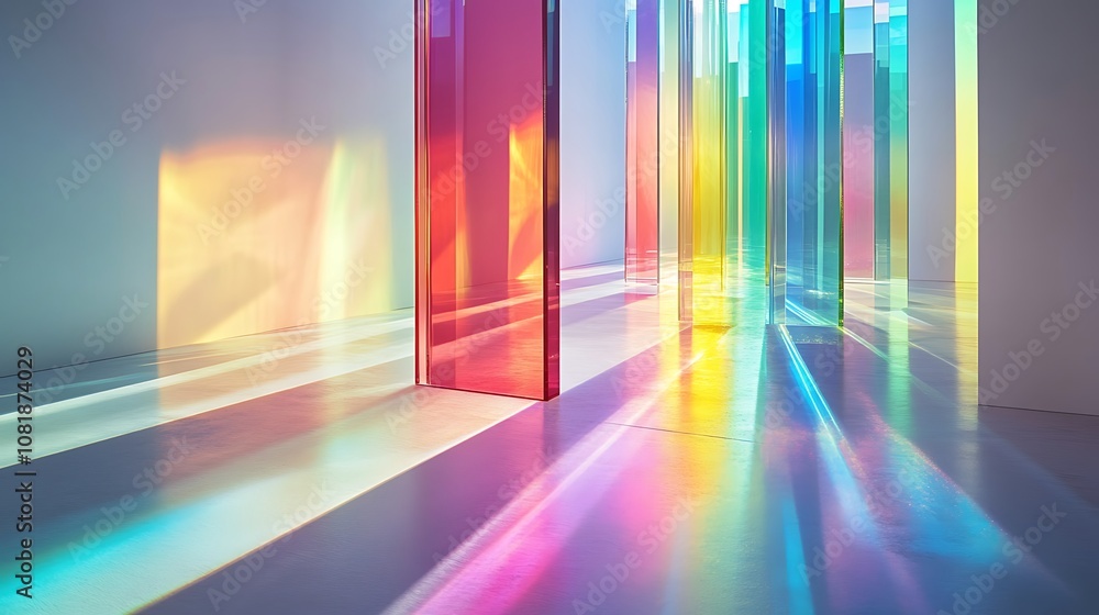 Abstract rainbow light refractions from glass prisms on a clean white ...