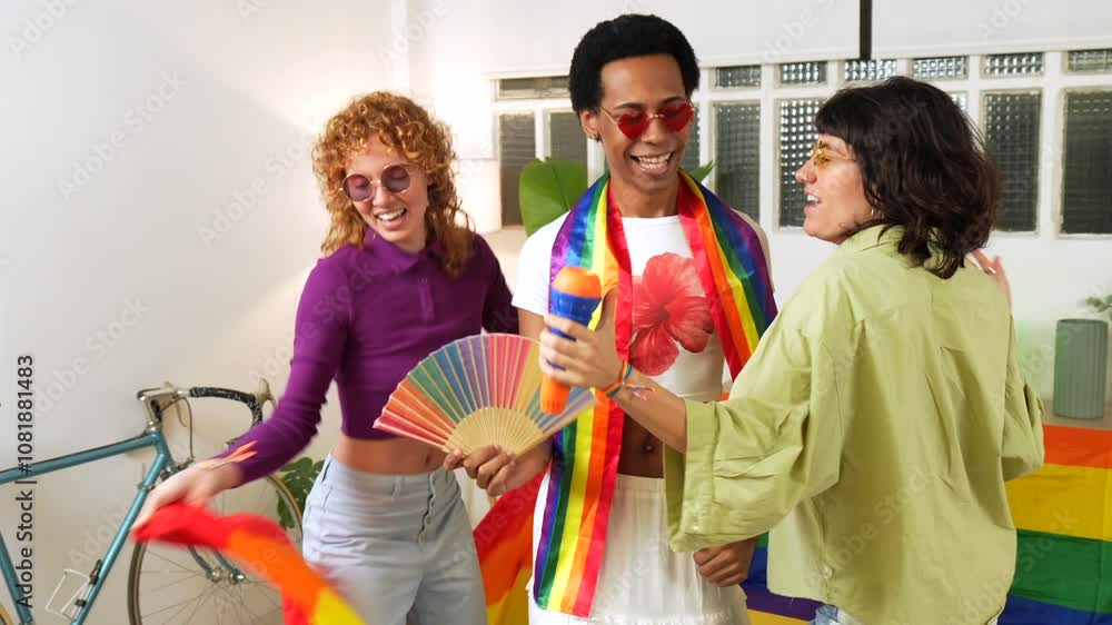 Multi-ethnic and gender friends singing karaoke and raising lgbt ...