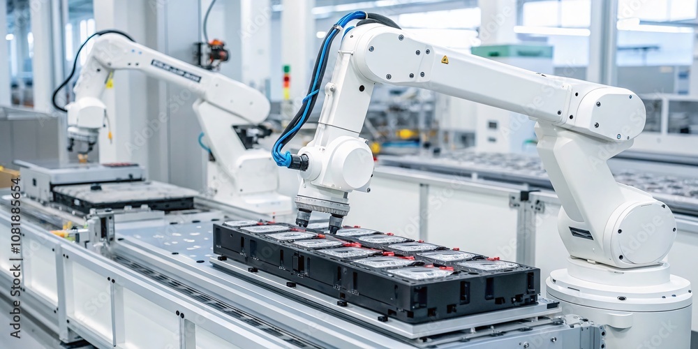 Front View of an Automated Manufacturing Line Featuring White Robotic ...