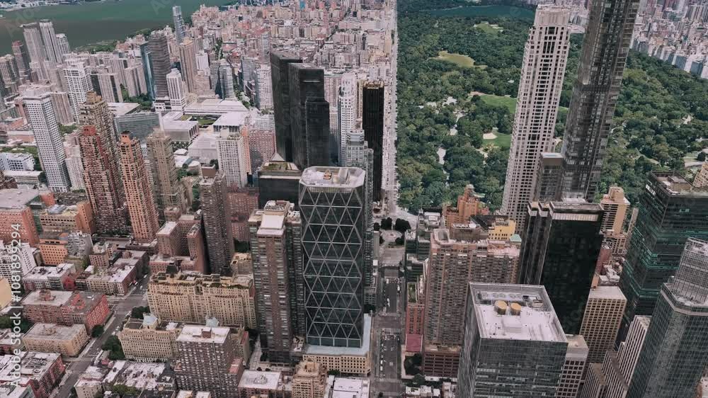 Aerial Orbiting view of Manhattan, New York City, featuring skyscrapers ...