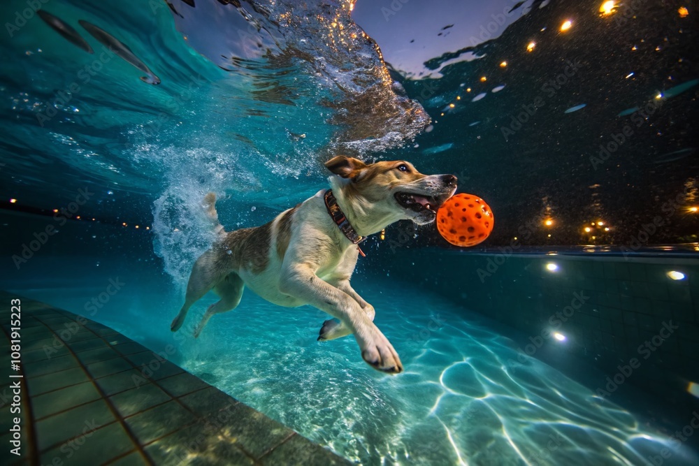 Night Photography of an Underwater Dog Joyfully Fetching an Orange Ball ...