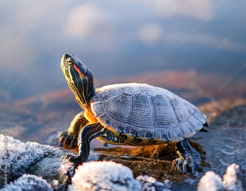 Turtle covered with frost standing on a rock by the river in winter ...