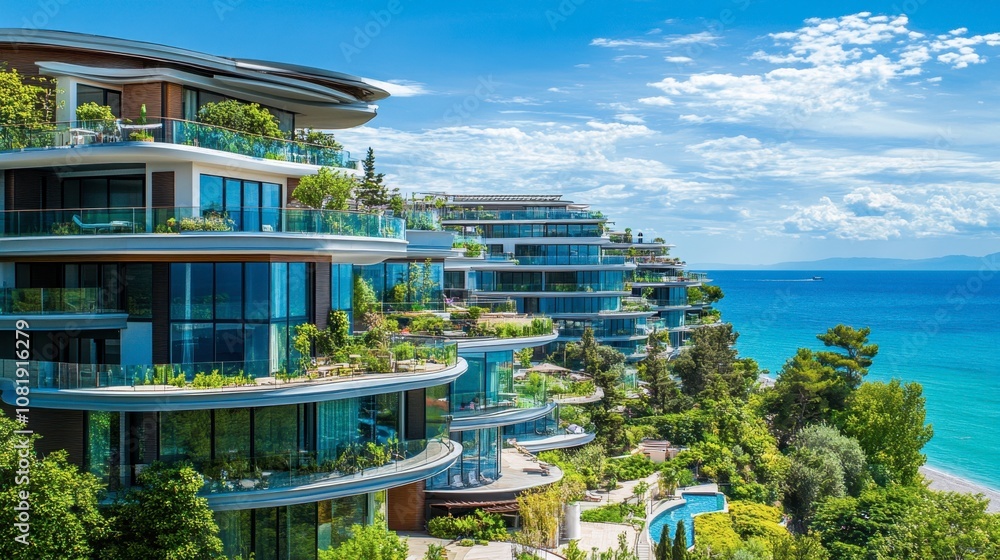 Modern Coastal Apartment Complex Overlooking Serene Blue Ocean and ...