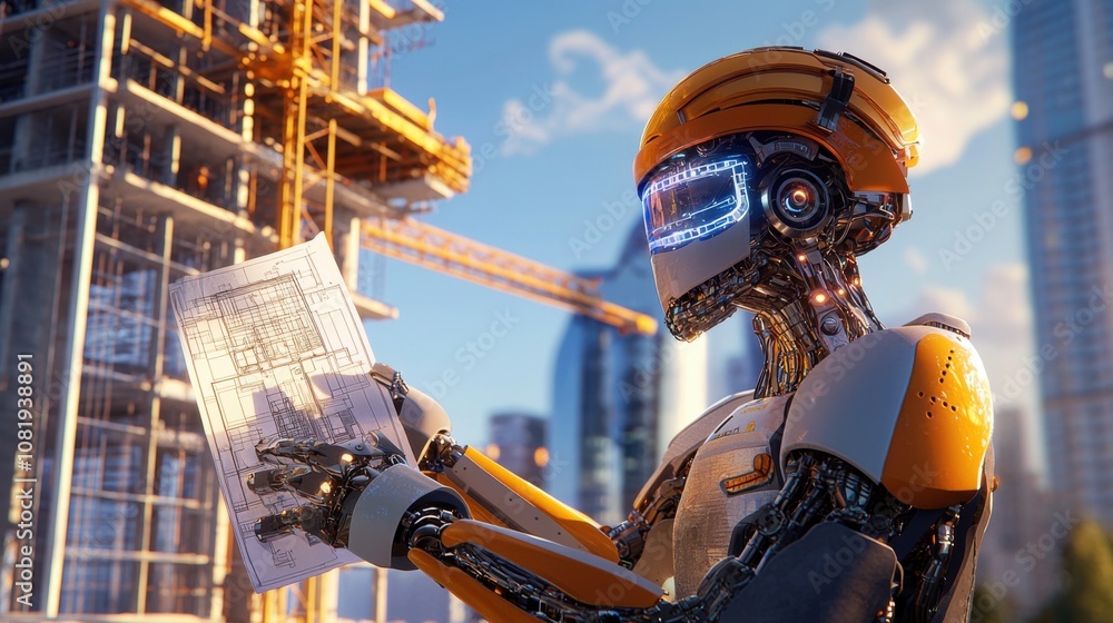 Humanoid robot analyzing construction plans urban site technology ...