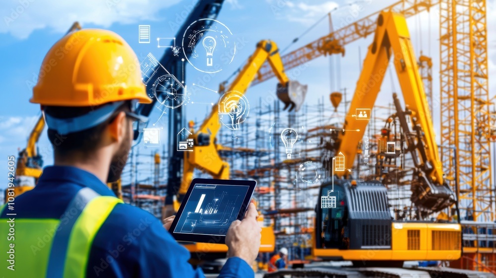 Construction worker analyzing project data construction site digital ...
