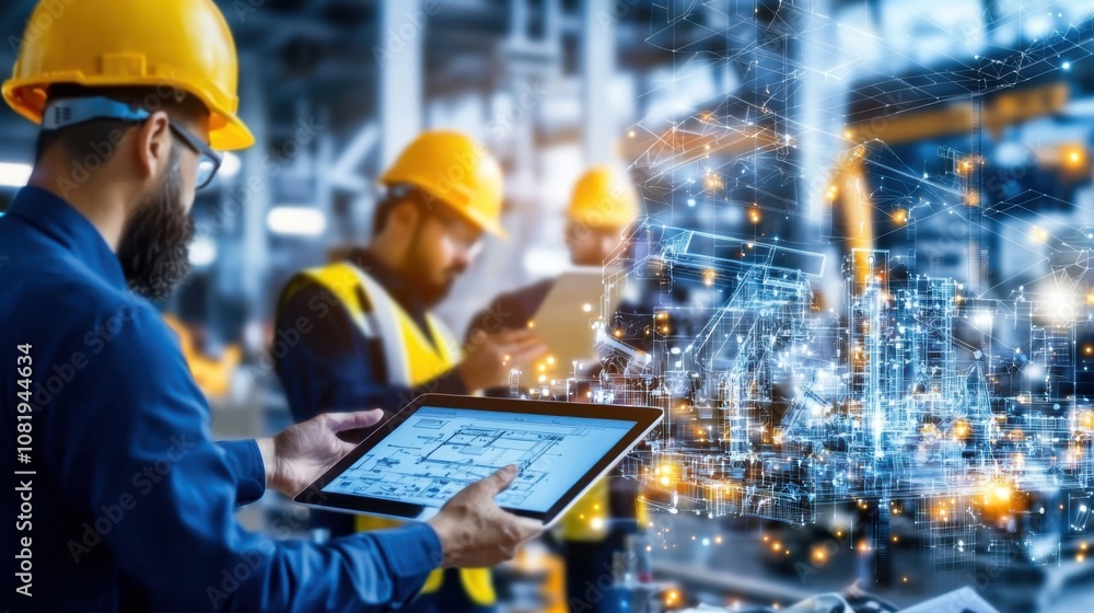 Construction workers using ai cost estimation tools industrial site ...