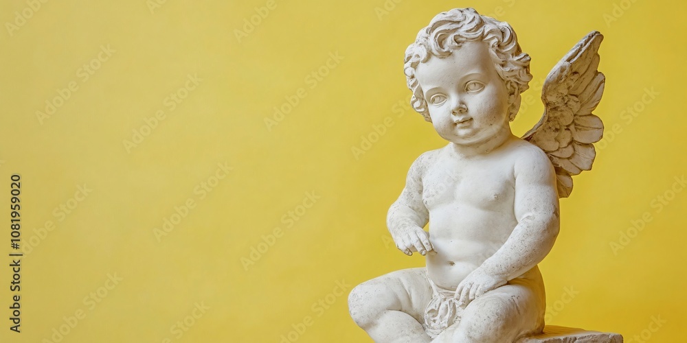 Marble statue of a cherub with wings on yellow background. Classical ...