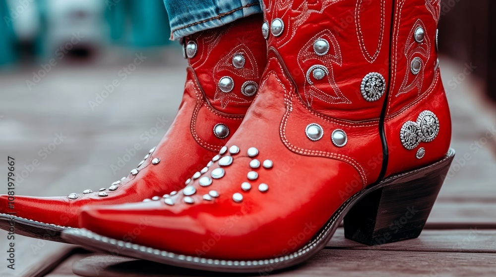 Pair of red cowboy boots with silver studs on the toe. The boots are ...