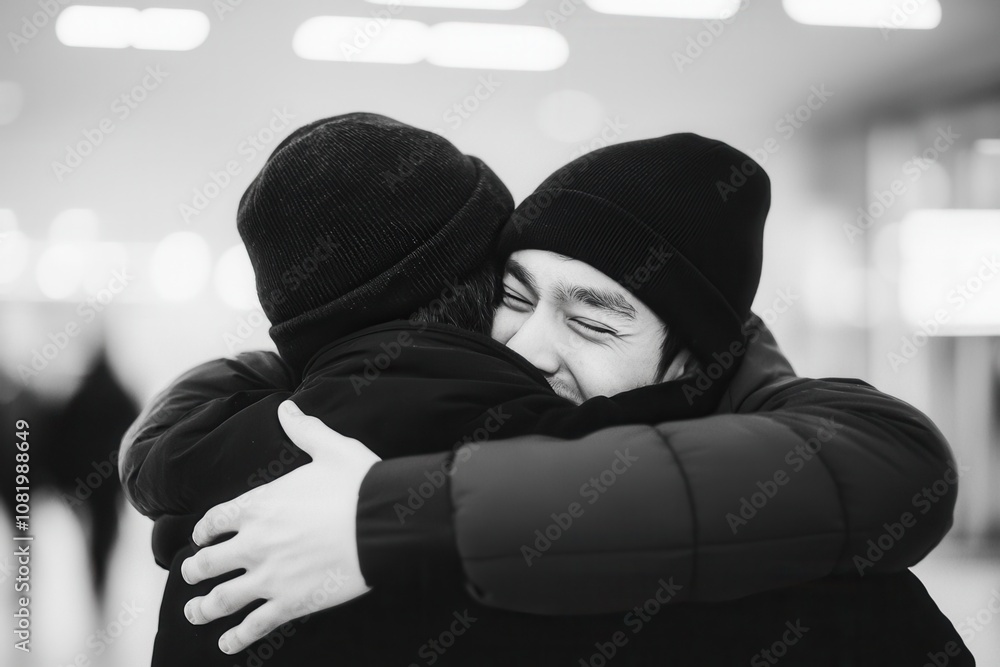 Two people meeting after years, hugging with emotional intensity at an ...